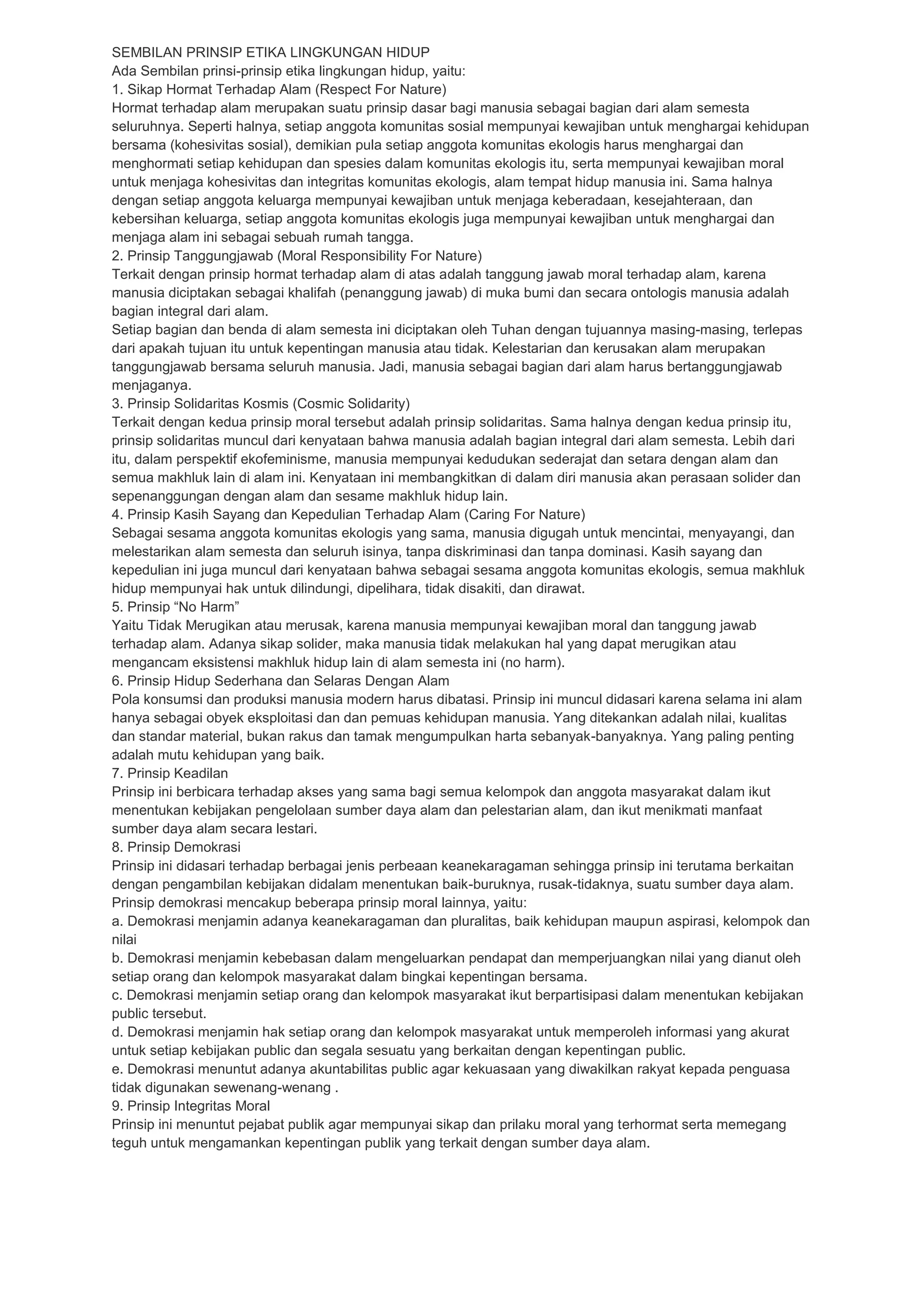 Sembilan prinsip etika lingkungan hidup | DOTX