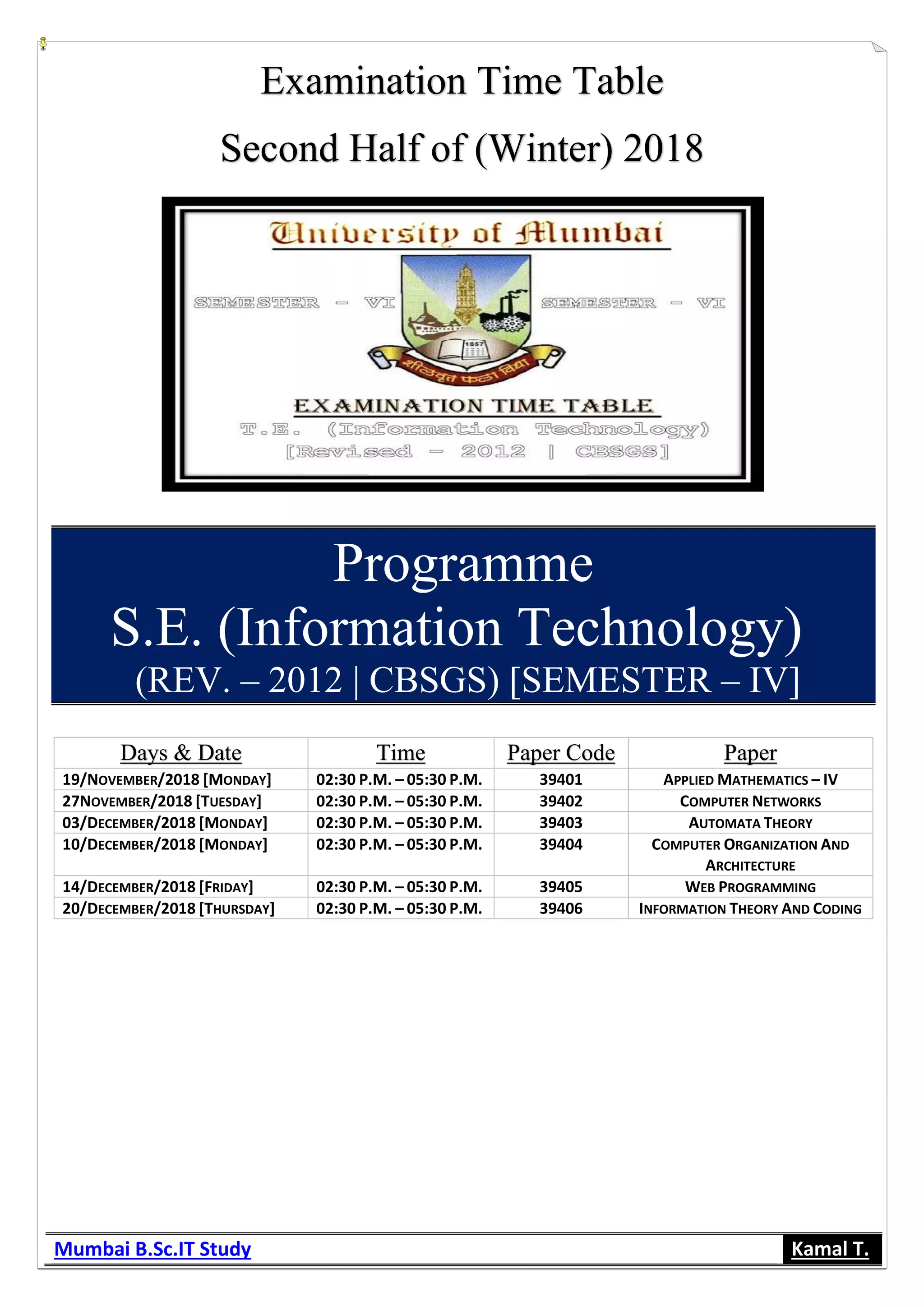 Examination Time Table - S.E. (Information Technology) (REV. - 2012 ...