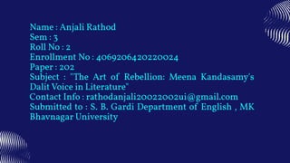 "The Art of Rebellion: Meena Kandasamy's Dalit Voice in Literature" | PDF