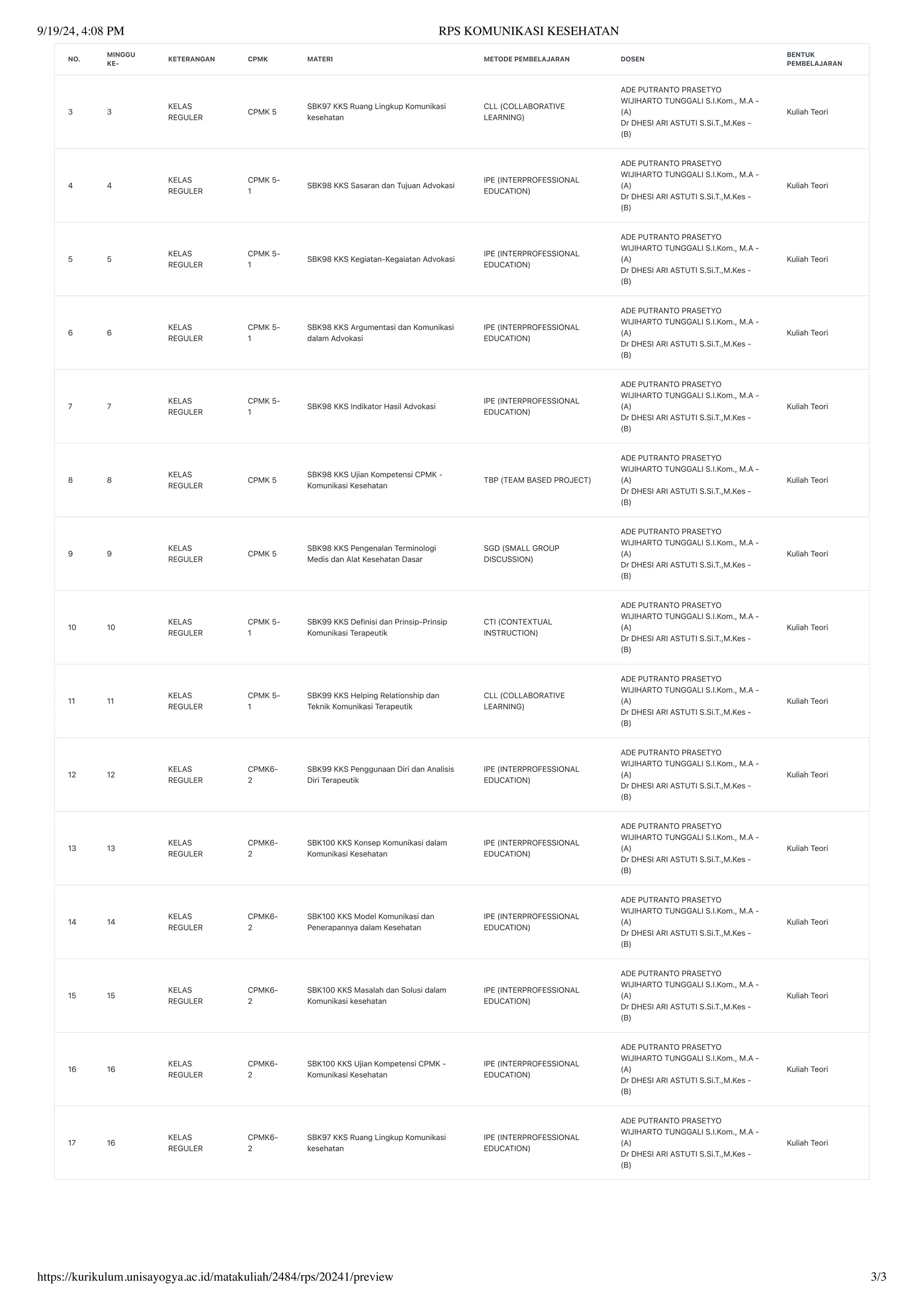 SEMESTER 3_RPS KOMUNIKASI KESEHATAN GASAL 24/25 | PDF