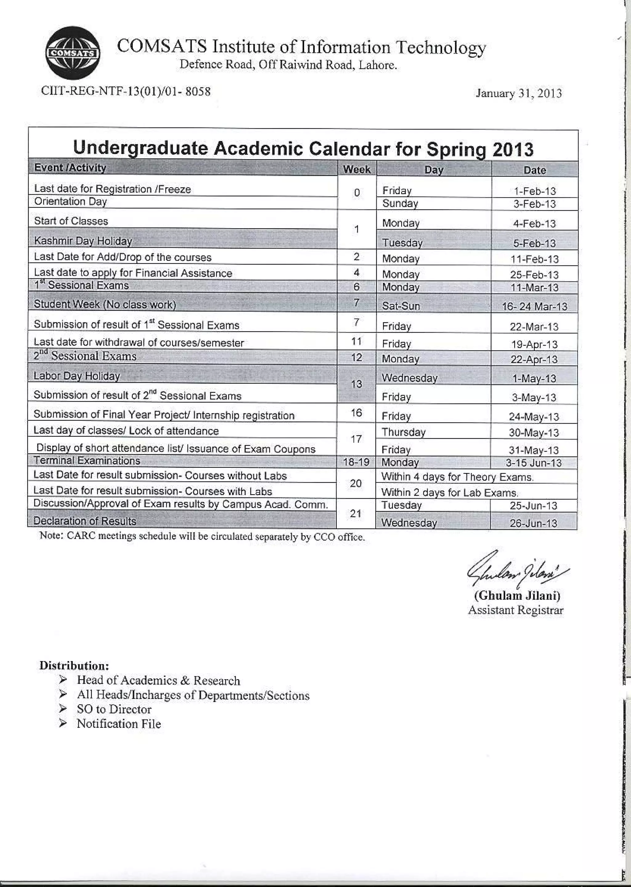 Semester calendar sp13 | PDF
