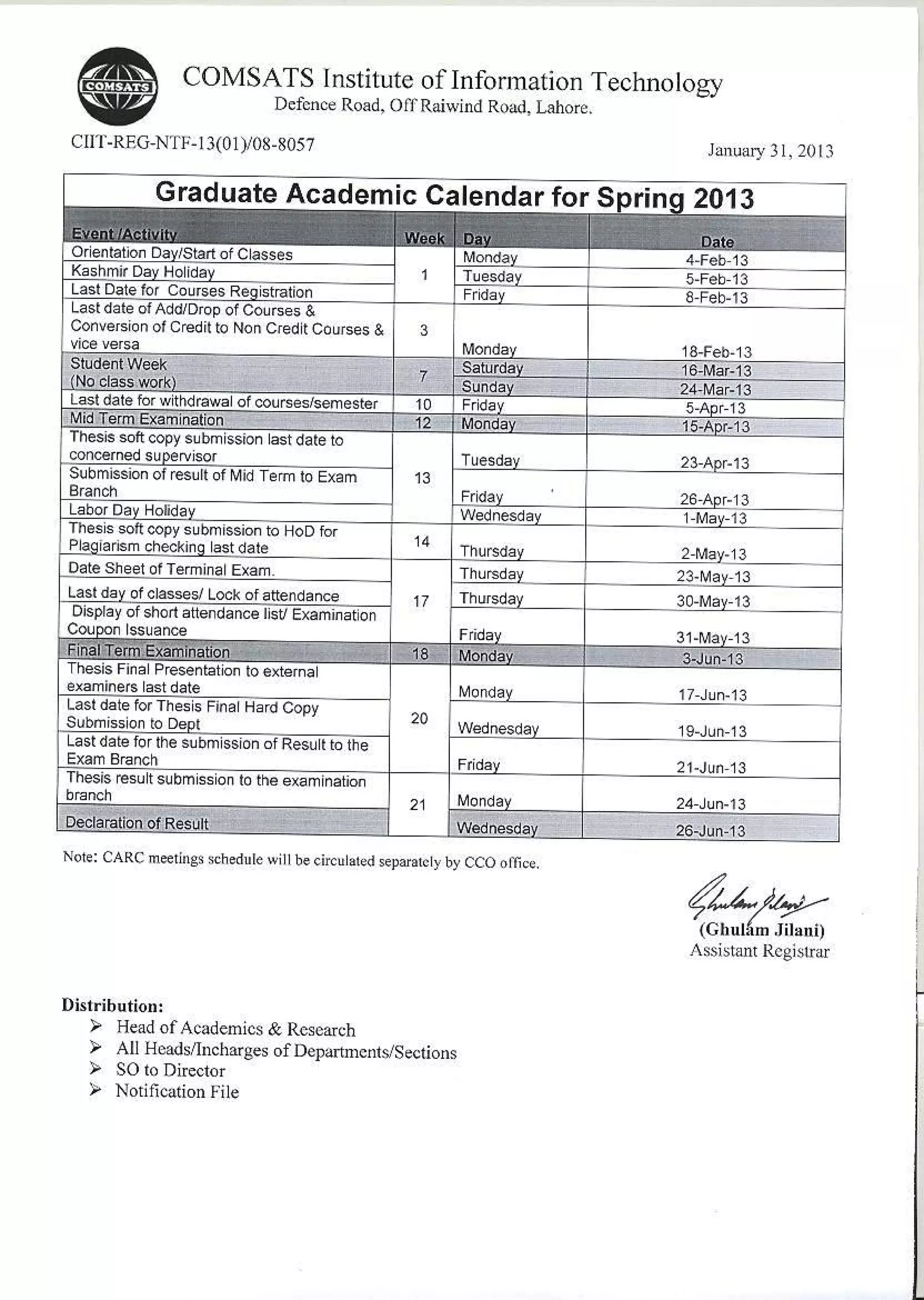 Semester calendar sp13 | PDF