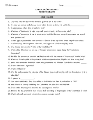 U.S. Government Semester Exam Study Guide | PDF
