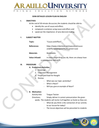 Semi-Detailed Lesson Plan of Cause and Effect | DOCX