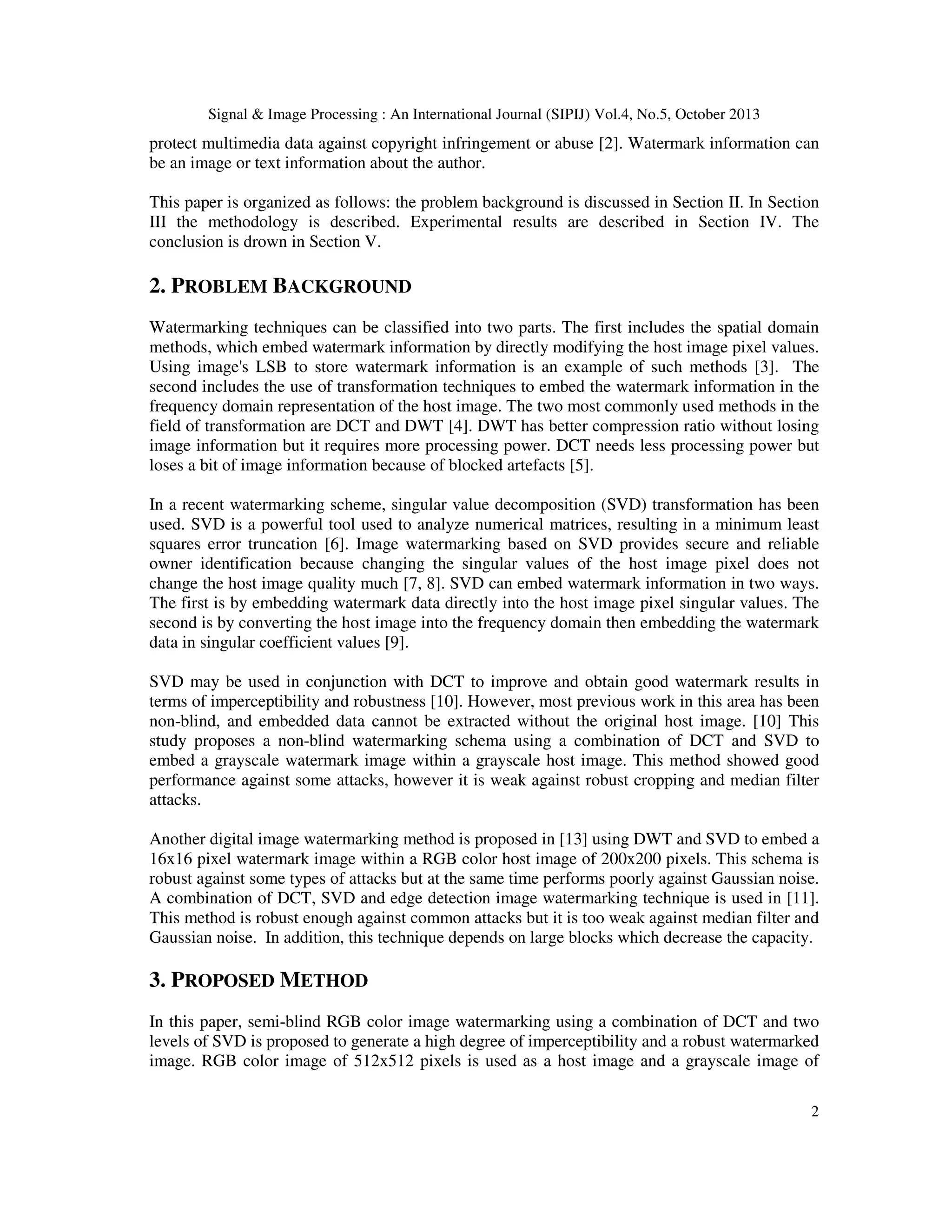 Semi blind rgb color image watermarking using dct and two level svd | PDF