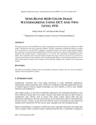 Semi blind rgb color image watermarking using dct and two level svd | PDF