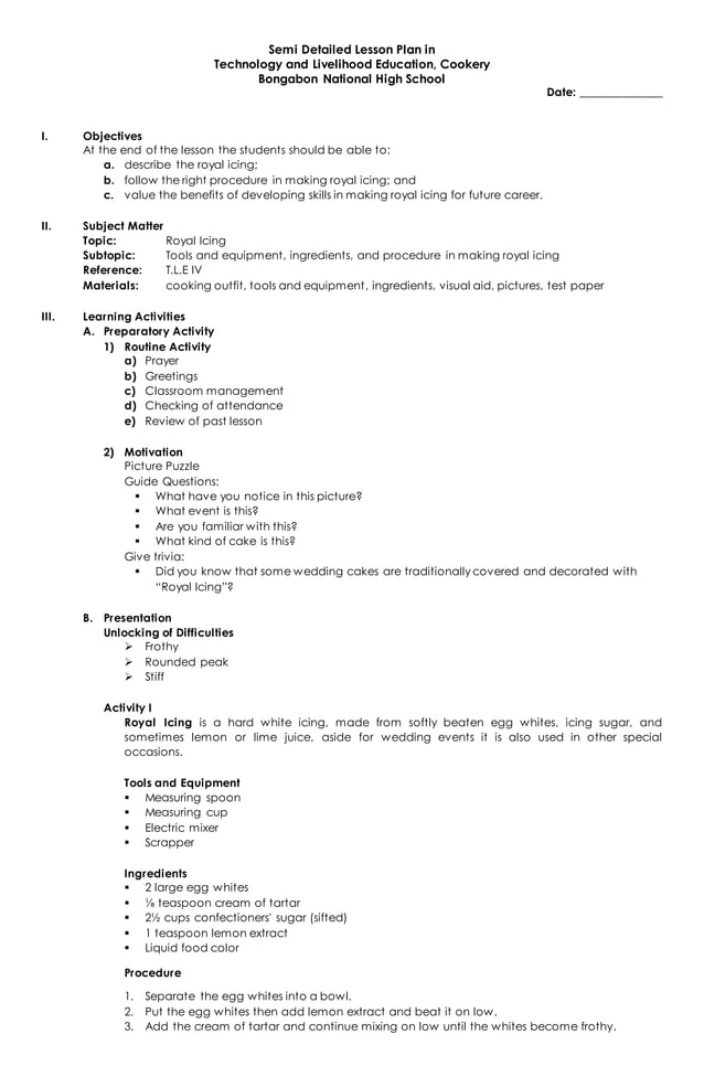 Semi Detailed Lesson Plan in T.L.E, Cookery | DOCX | Desserts and ...