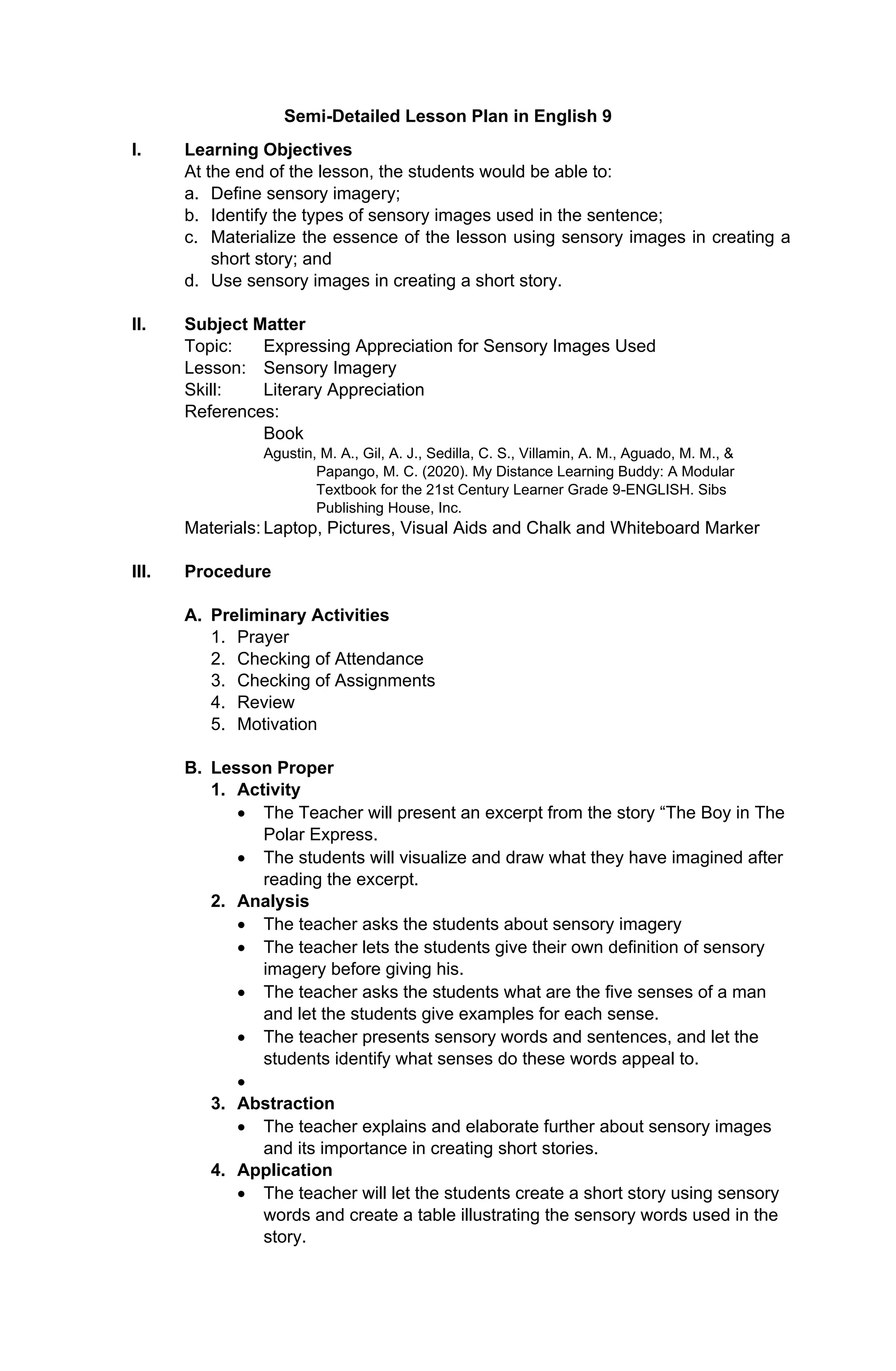 Semi-detailed lesson plan in English-9 sensory imagery | PDF