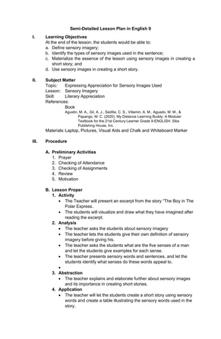 Semi-detailed lesson plan in English-9 sensory imagery | PDF