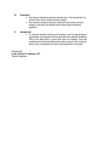 Semi-detailed lesson plan in English-9 sensory imagery | PDF