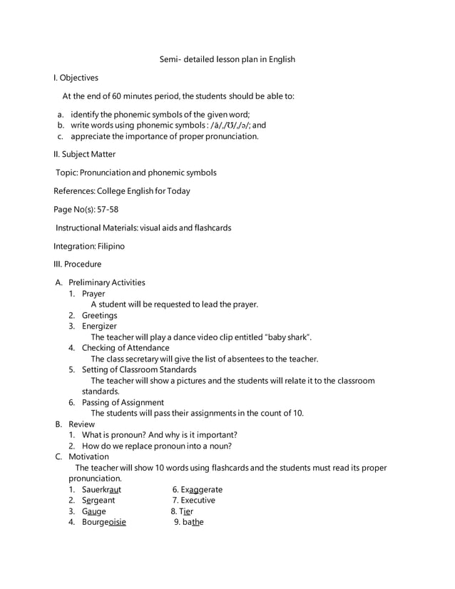 Semi detailed lesson plan in english(phonemes) | DOCX