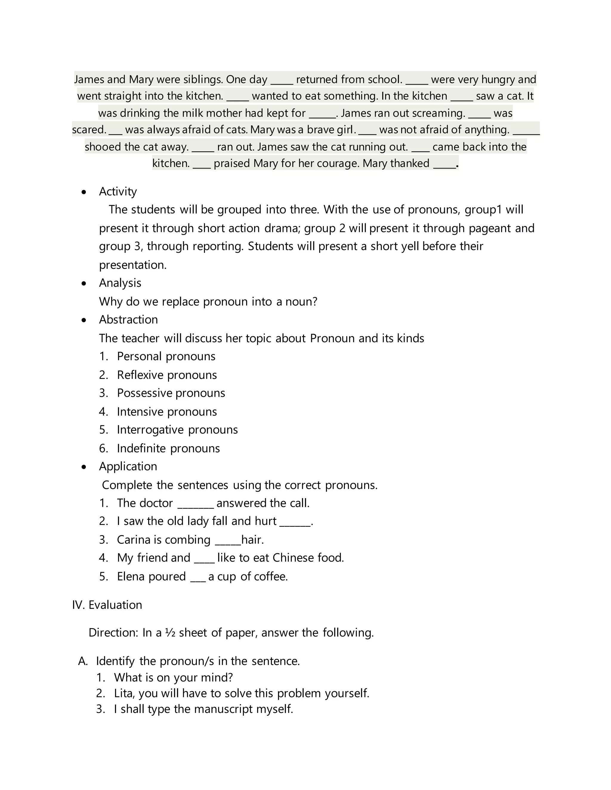 Semi detailed lesson plan in english(pronoun) | DOCX