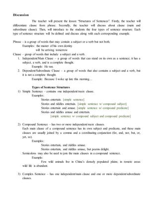 Semi detailed lesson plan for sentence structure | DOCX