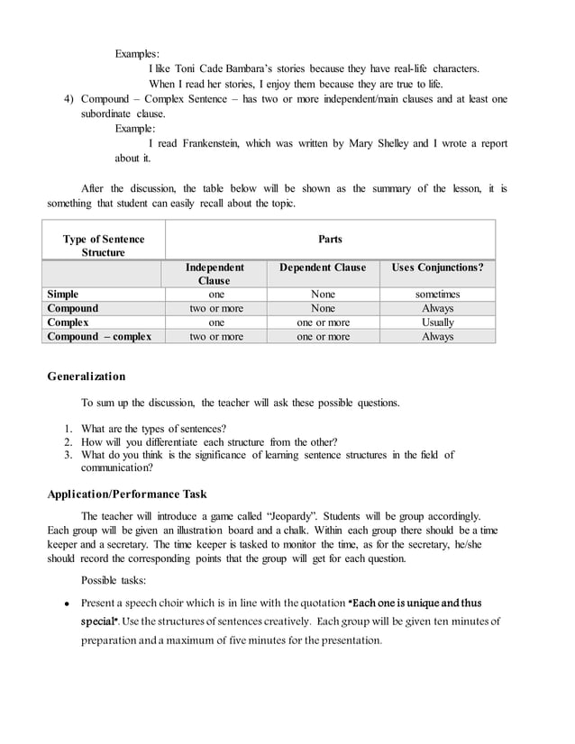 Semi detailed lesson plan for sentence structure | DOCX | Educational ...