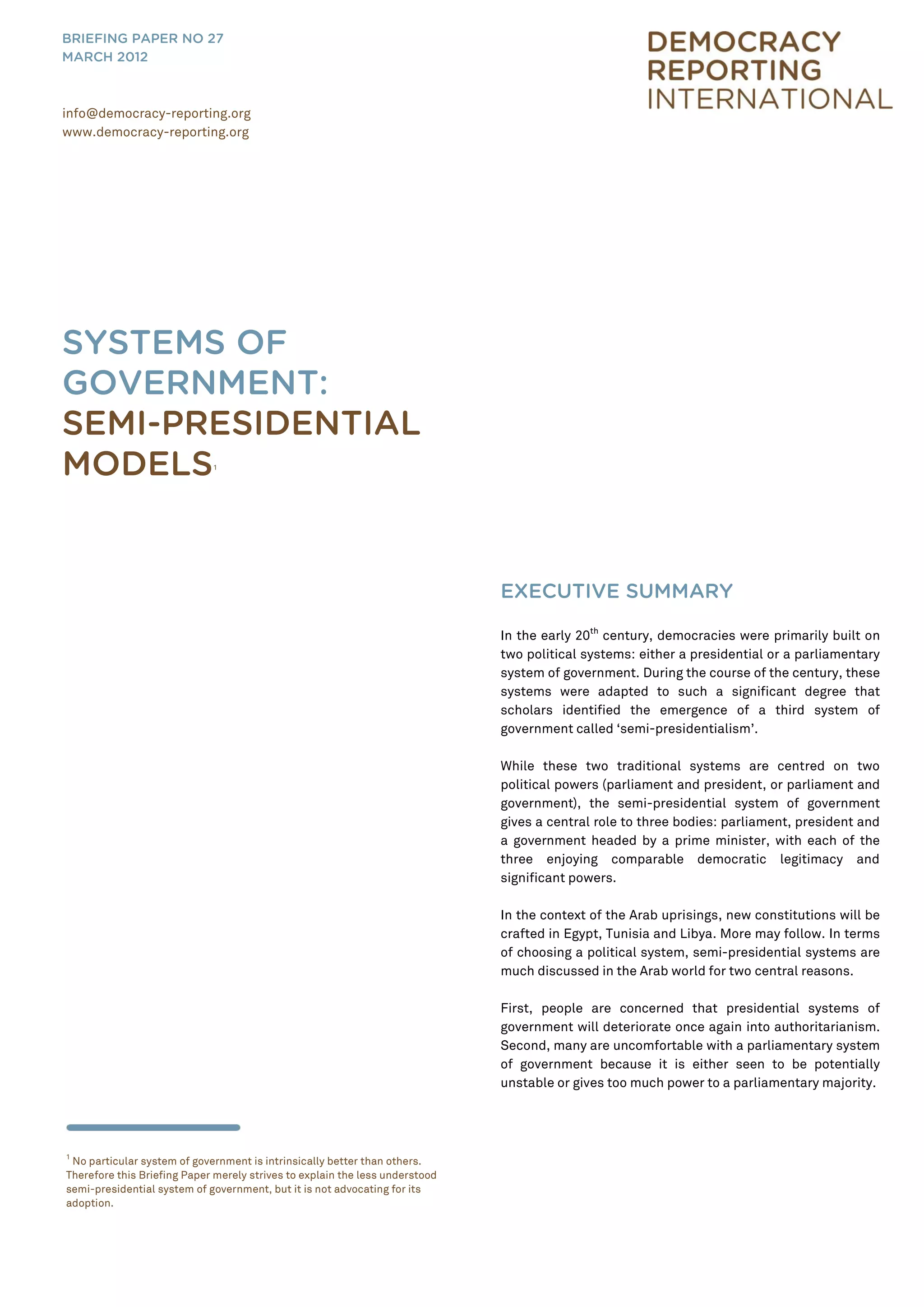 Systems of Government : Semi-Presidential Models | PDF