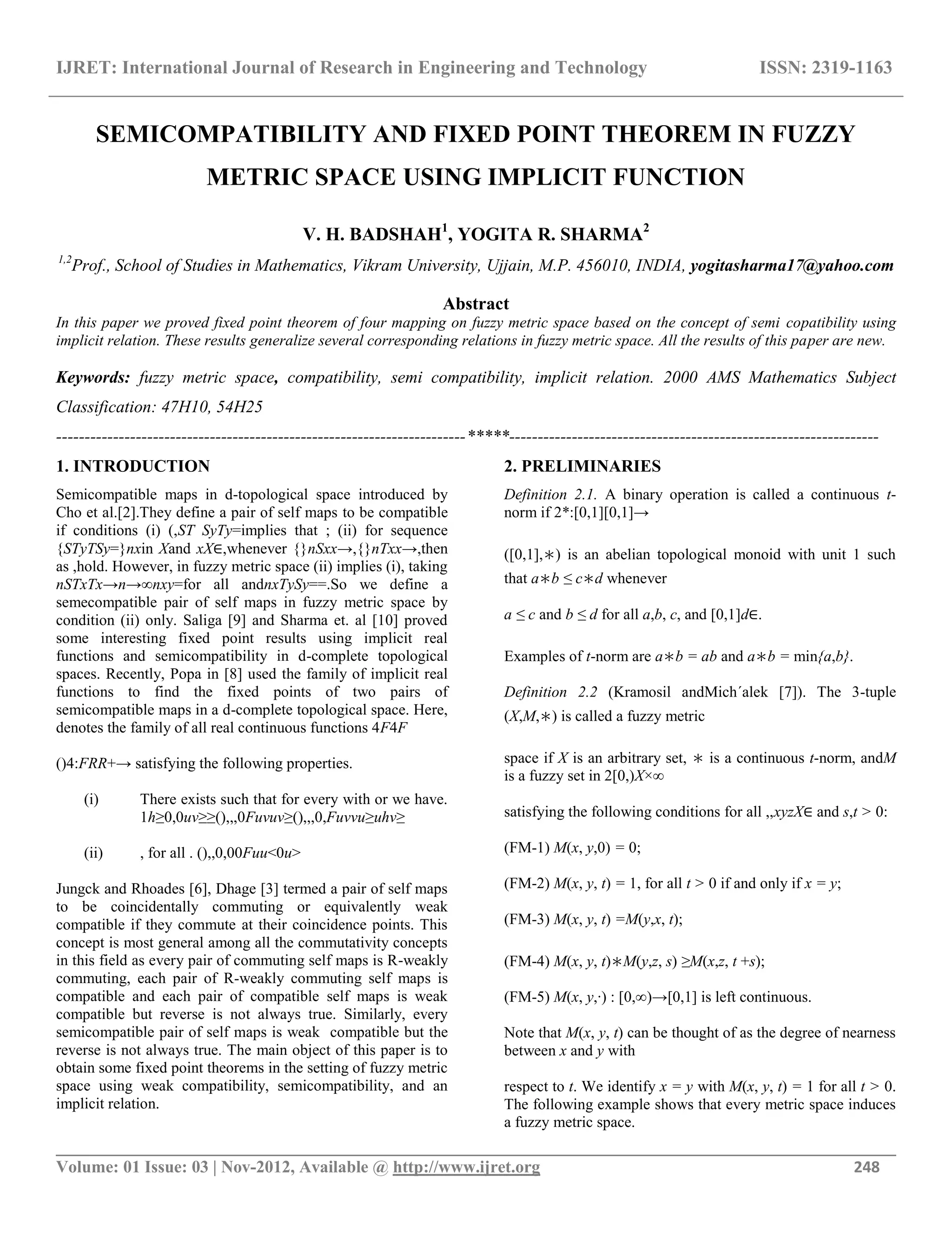 Semicompatibility And Fixed Point Theorem In Fuzzy Metric Space Using Implicit Function Pdf