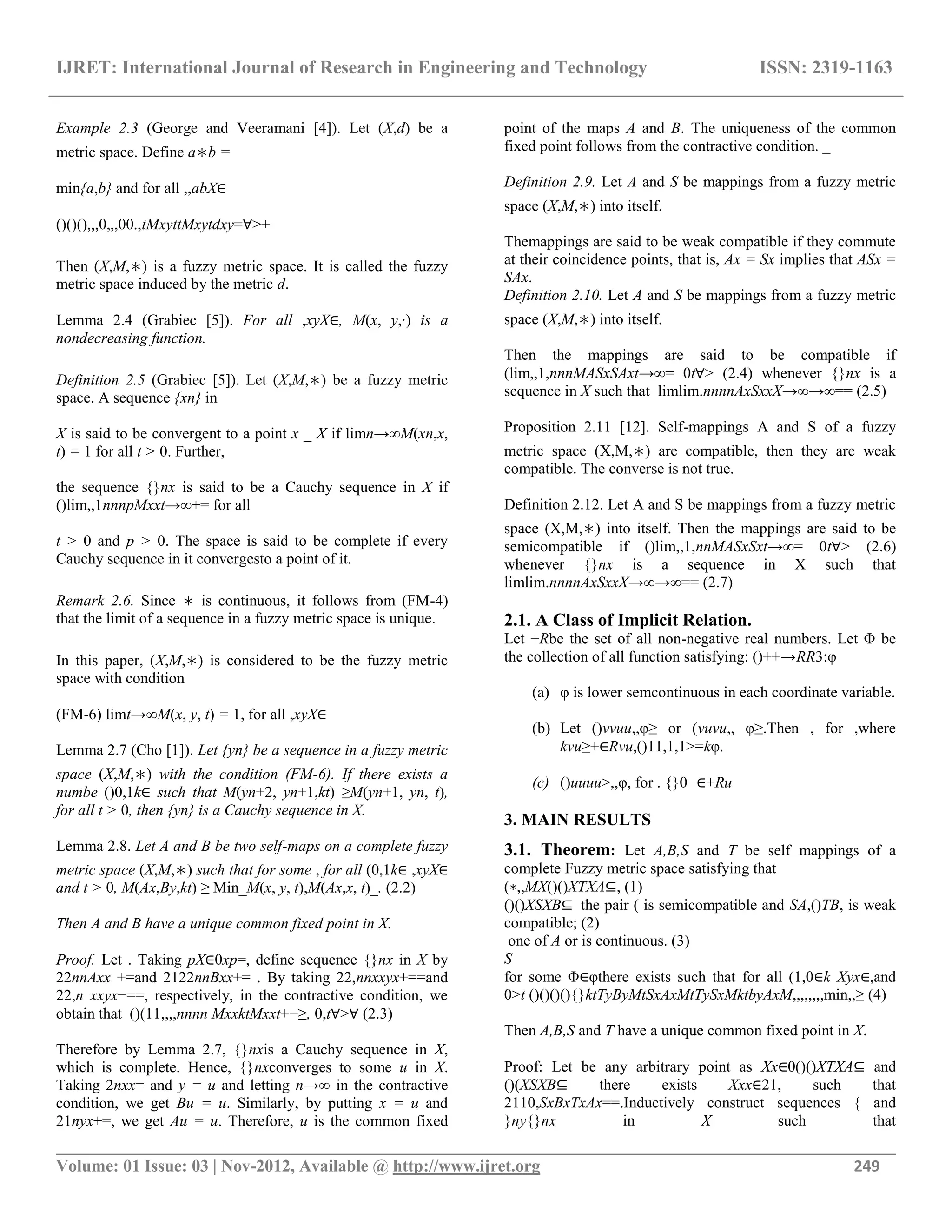 Semicompatibility and fixed point theorem in fuzzy metric space using implicit function | PDF