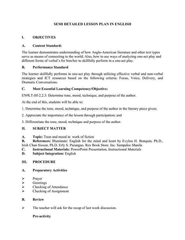 semi-detailed lesson plan in English grade 9 | DOCX
