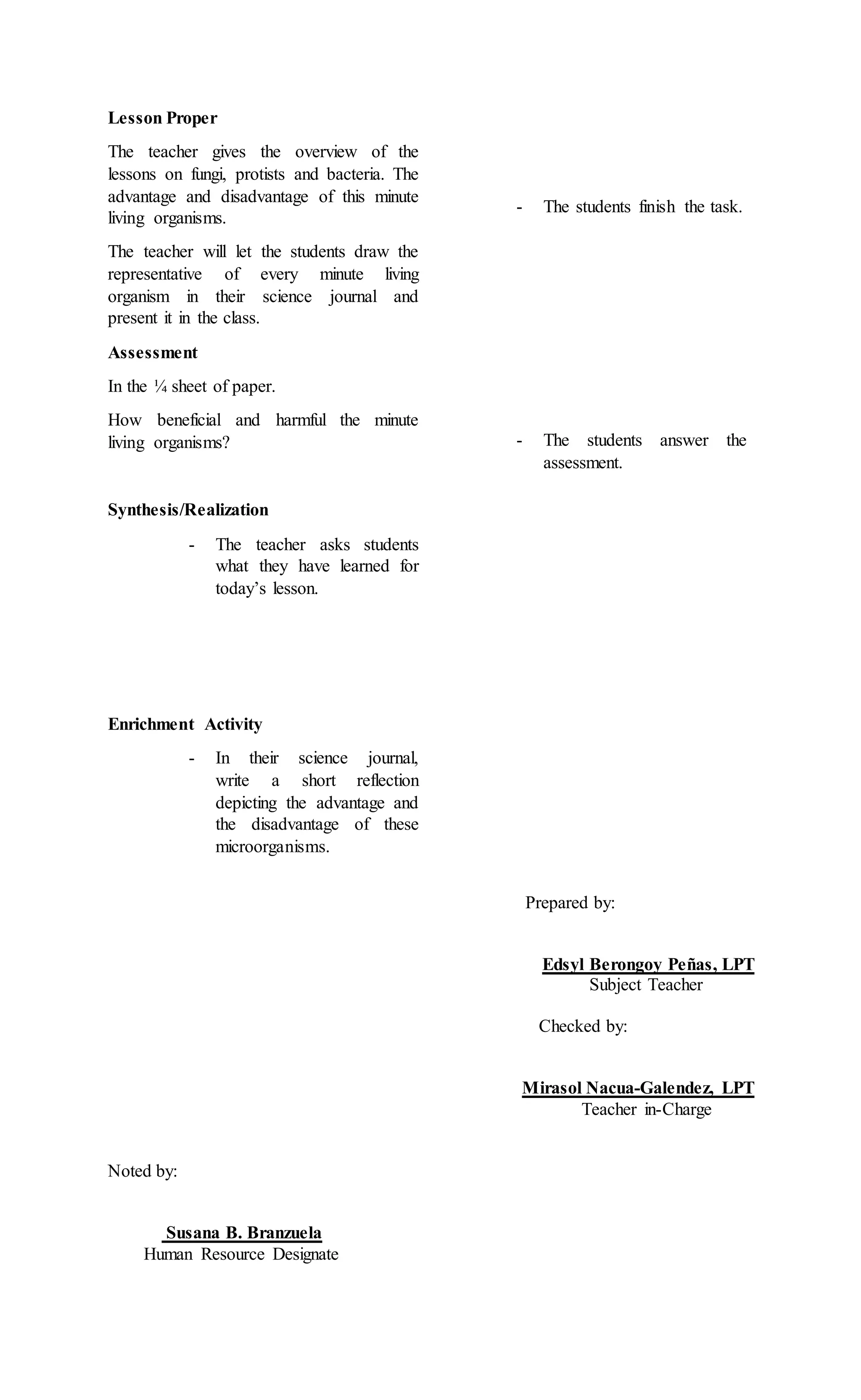 Sample Semi-detailed Lesson Plan for Grade 7 Science, Prepared by ...