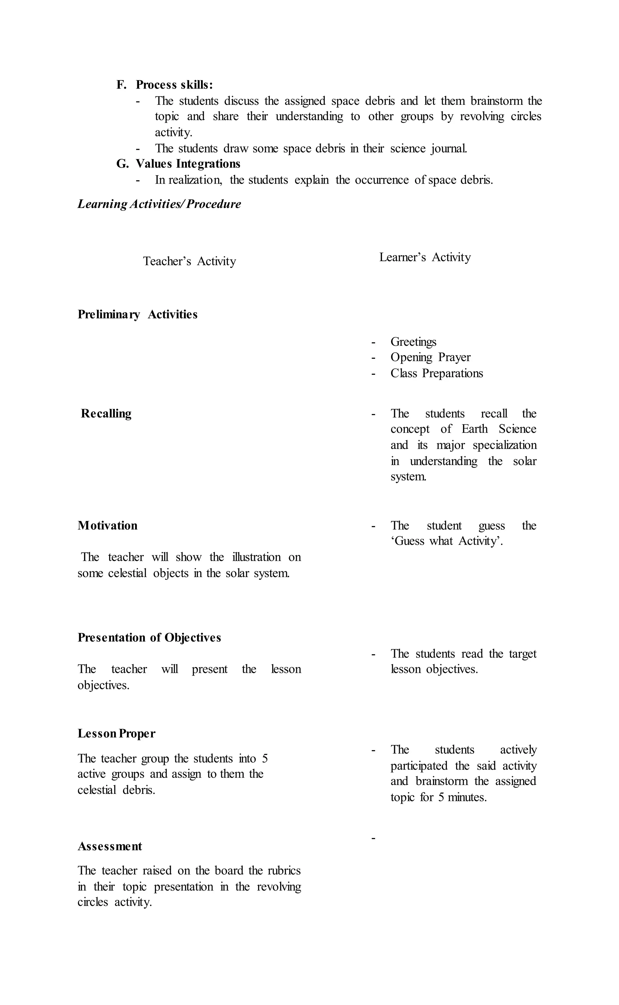 Sample Semi-detailed Lesson Plan for Grade 8 Science, Prepared by ...