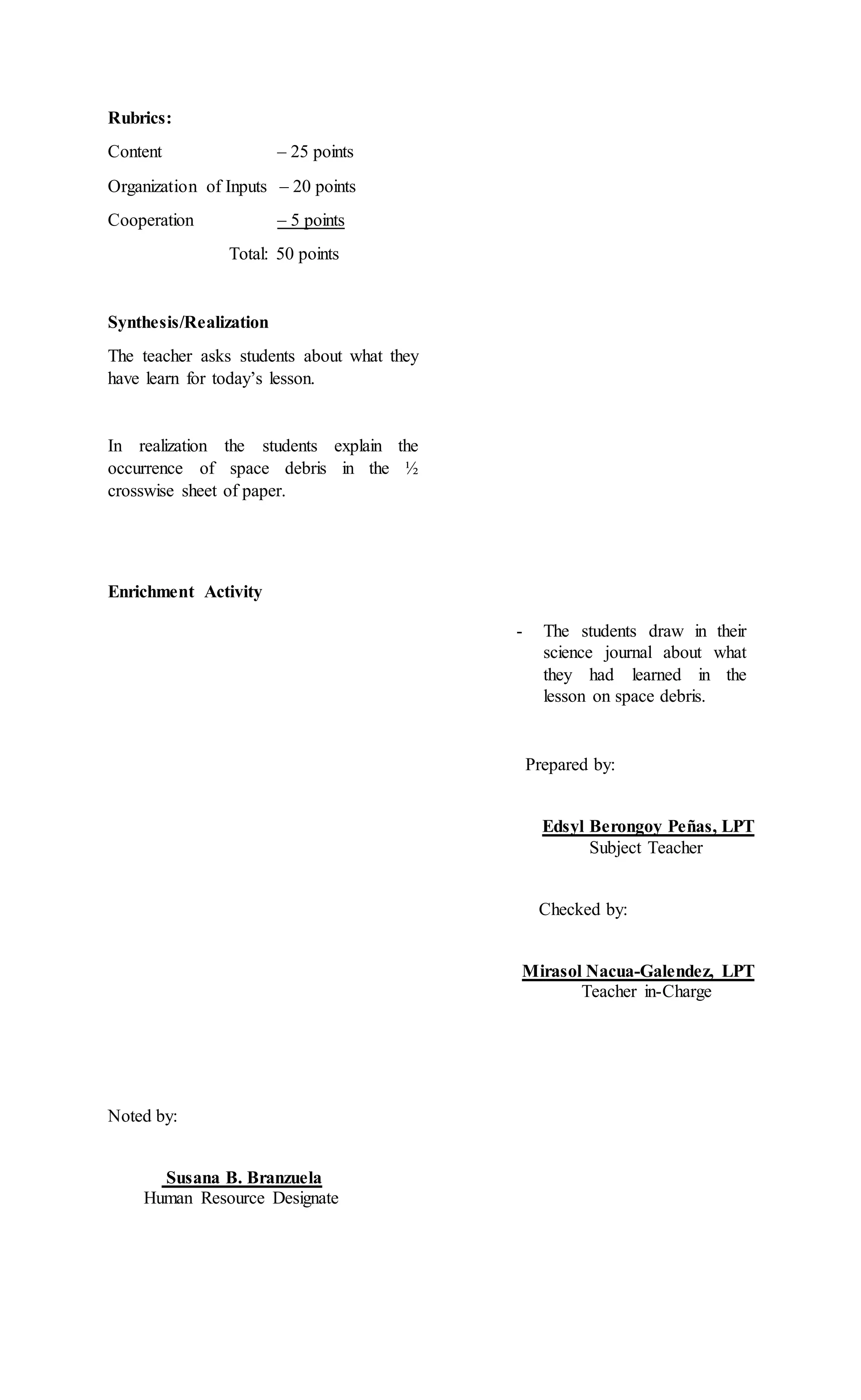 Sample Semi-detailed Lesson Plan for Grade 8 Science, Prepared by ...