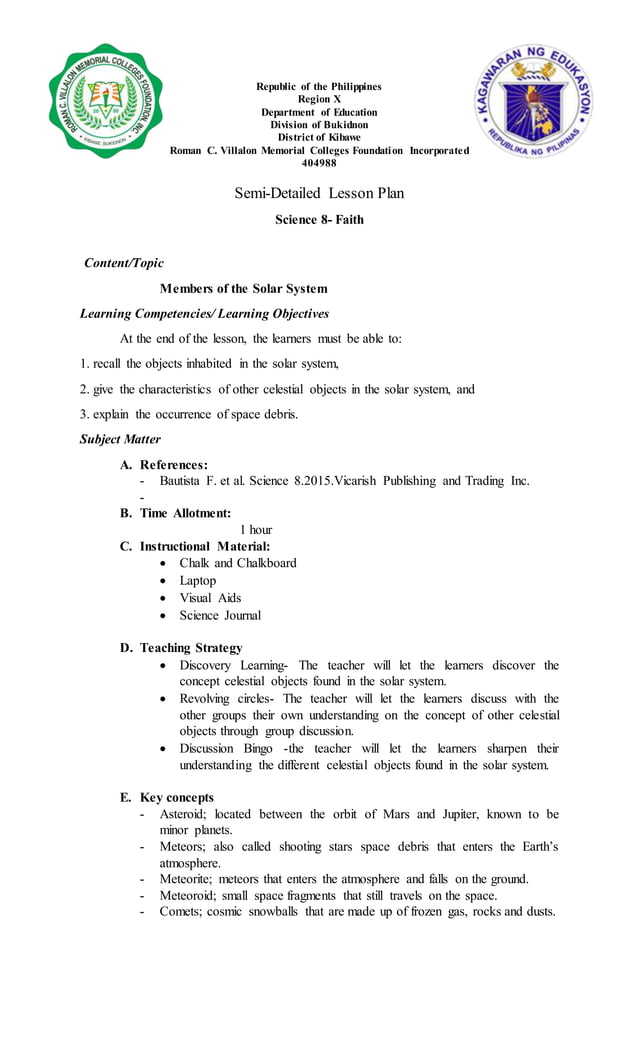 Sample Semi-detailed Lesson Plan for Grade 8 Science, Prepared by ...