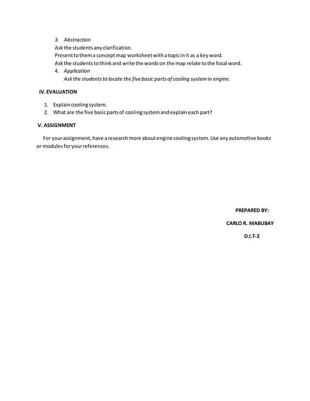 Semi detailed lesson plan in engine cooling system for demo teaching ...