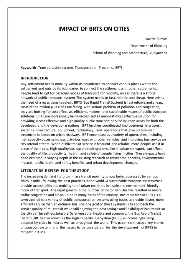IMPACT OF BRTS ON CITIES | DOCX | Rail Travel | Travel Type
