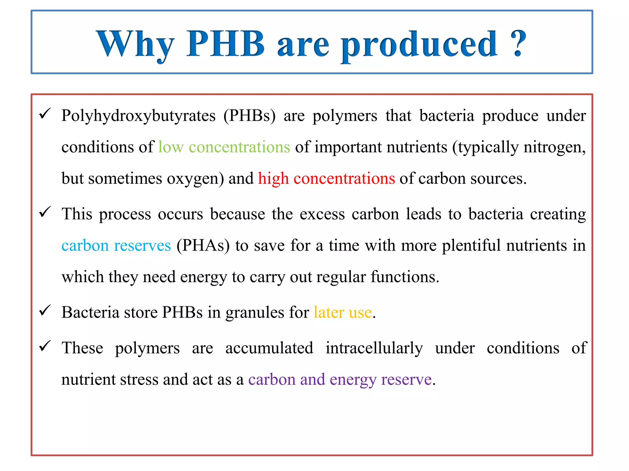 PHB production by bacteria and its applications | PPTX