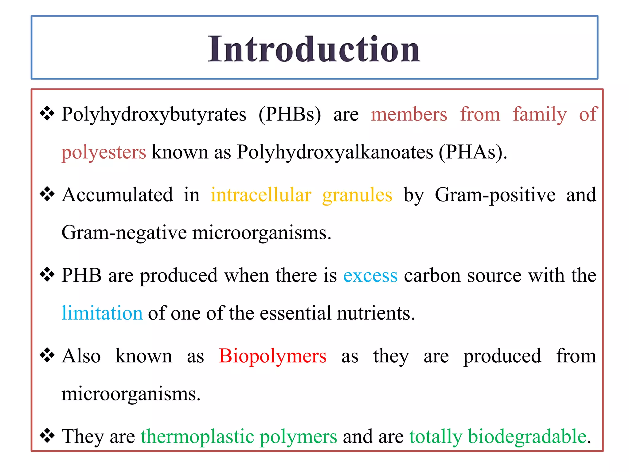 PHB production by bacteria and its applications | PPTX