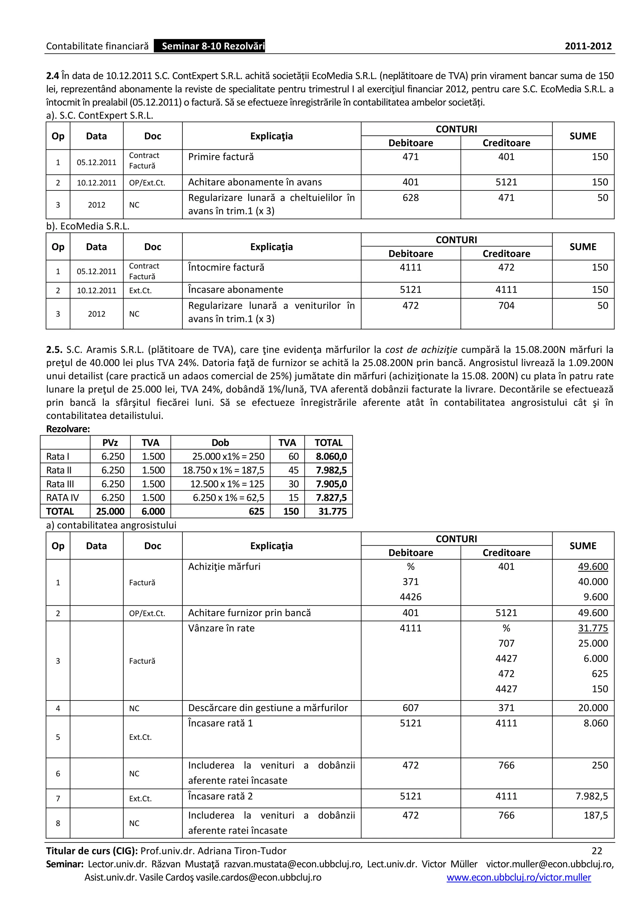Seminar contabilitatea decontarilor cu tertii rezolvari | PDF