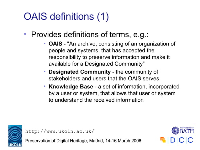 Seminar: OAIS Model application in digital preservation projects | PPT