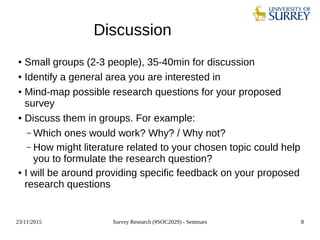 Survey Research (SOC2029). Seminar 8: formulating a research question | PPT