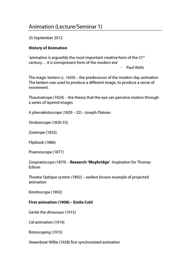 Animation Seminar 1 Notes | DOCX