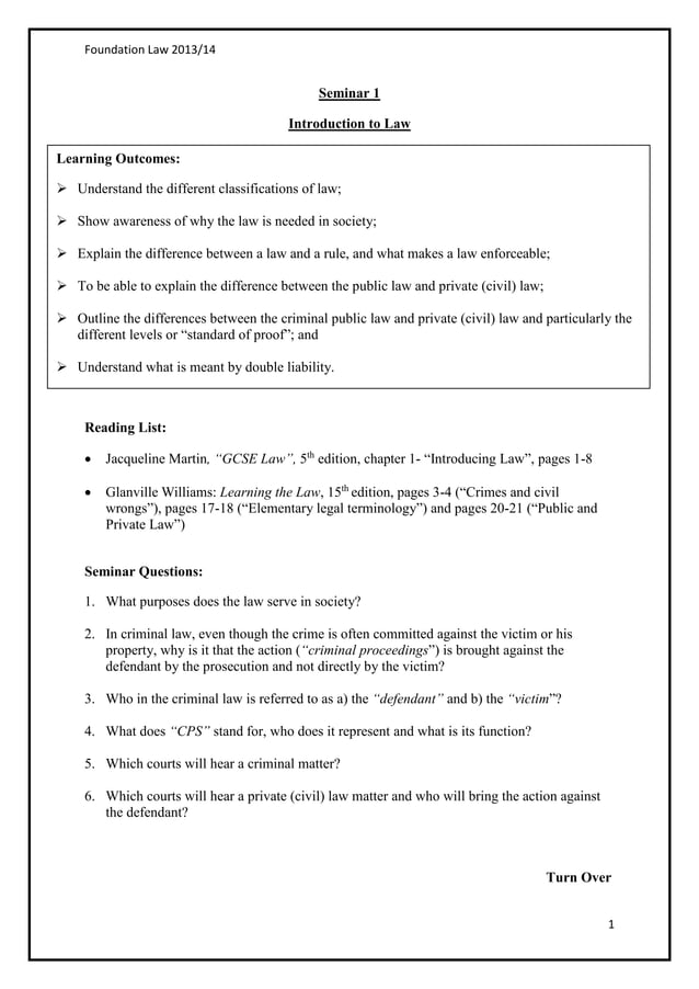 Seminar 1 introduction to law | DOCX