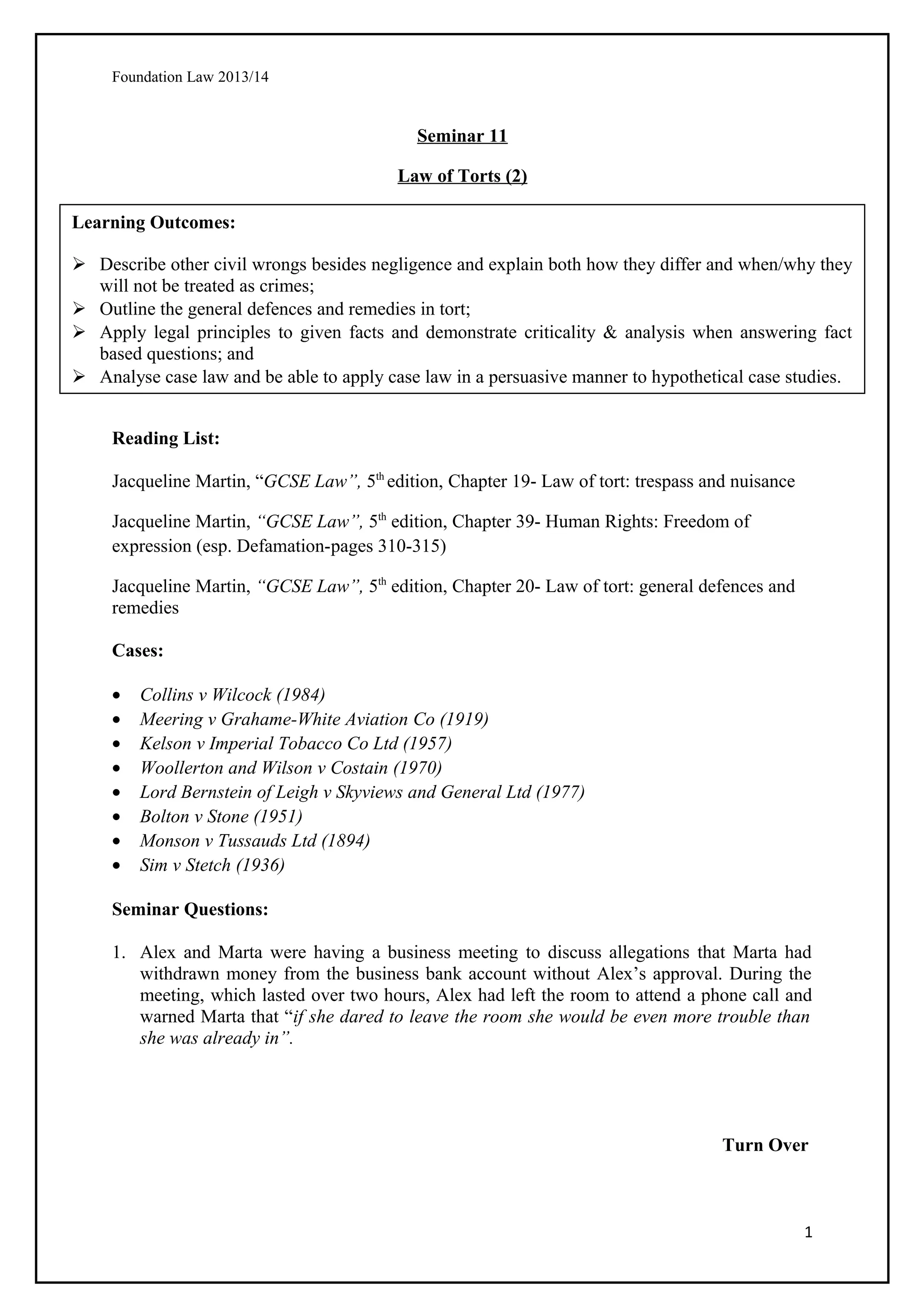 Seminar 11 law of torts | DOC