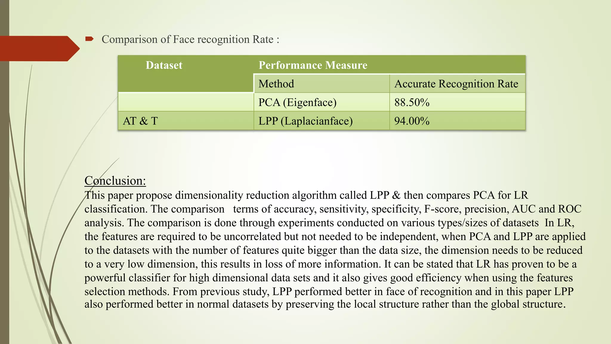 A Comparative study of locality Preserving Projection & Principle Component Analysis on ...