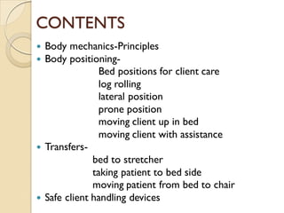 body mechanics and transfer techniques | PDF