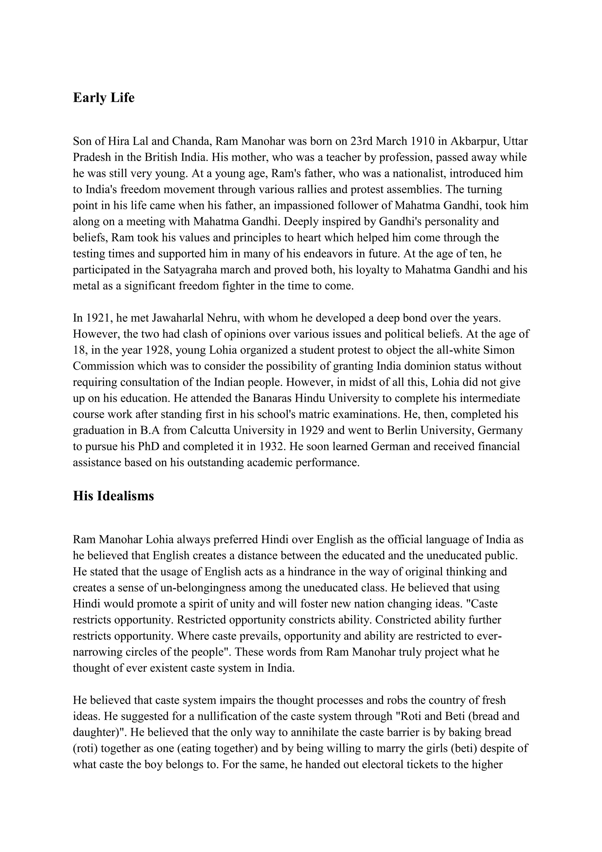 Dr. Ram Manohar Lohia Seminar paper | DOCX