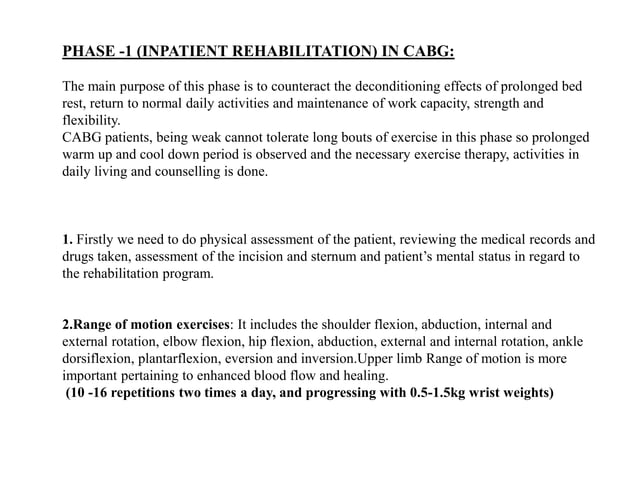 1. Phase -1 Cardiac Rehabilitation in CABG patients. | PPTX | Physical ...