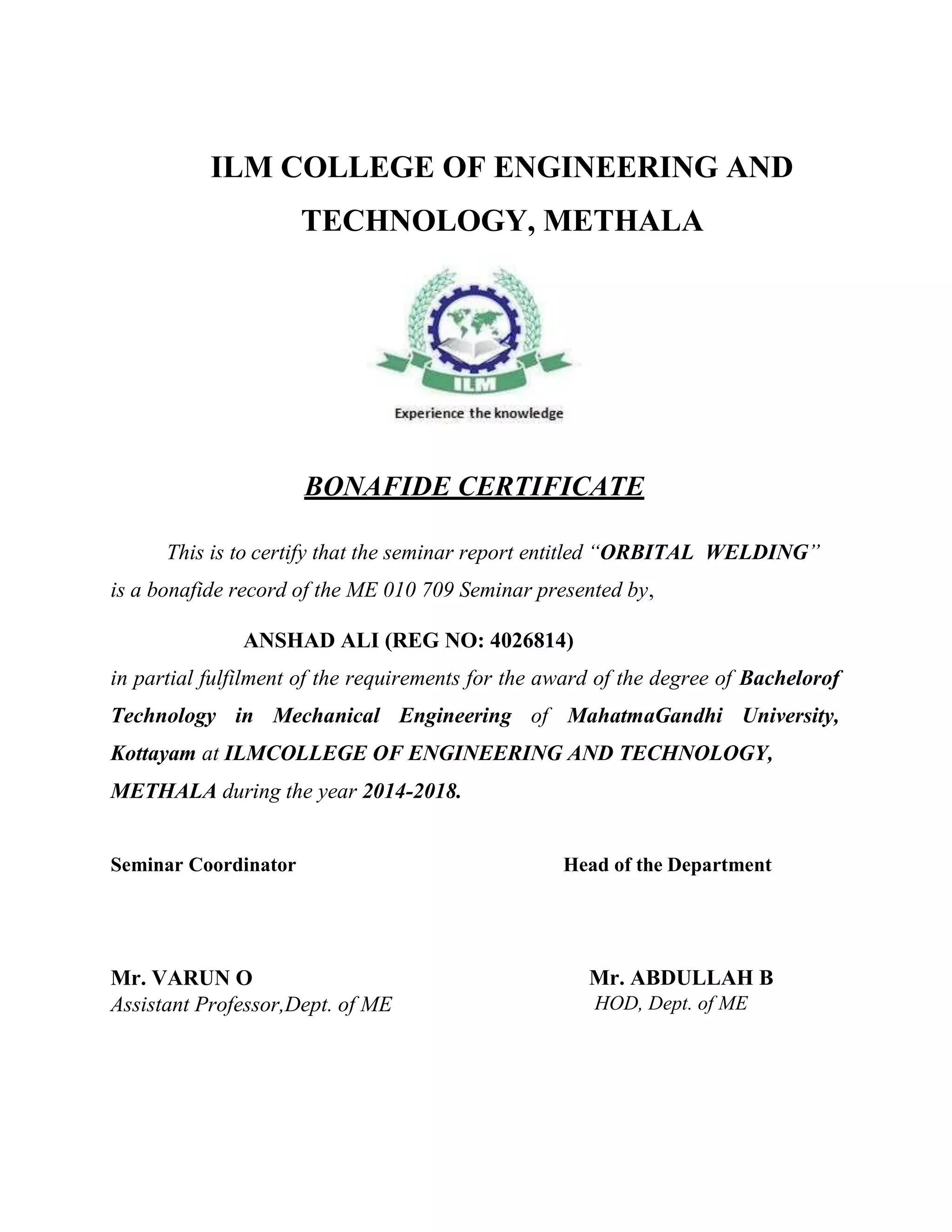Orbital Welding Seminar report | PDF