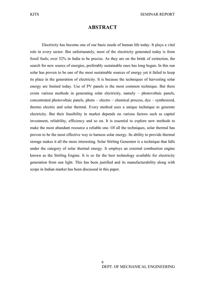 SOLAR STIRLING ENGINE seminar report | PDF