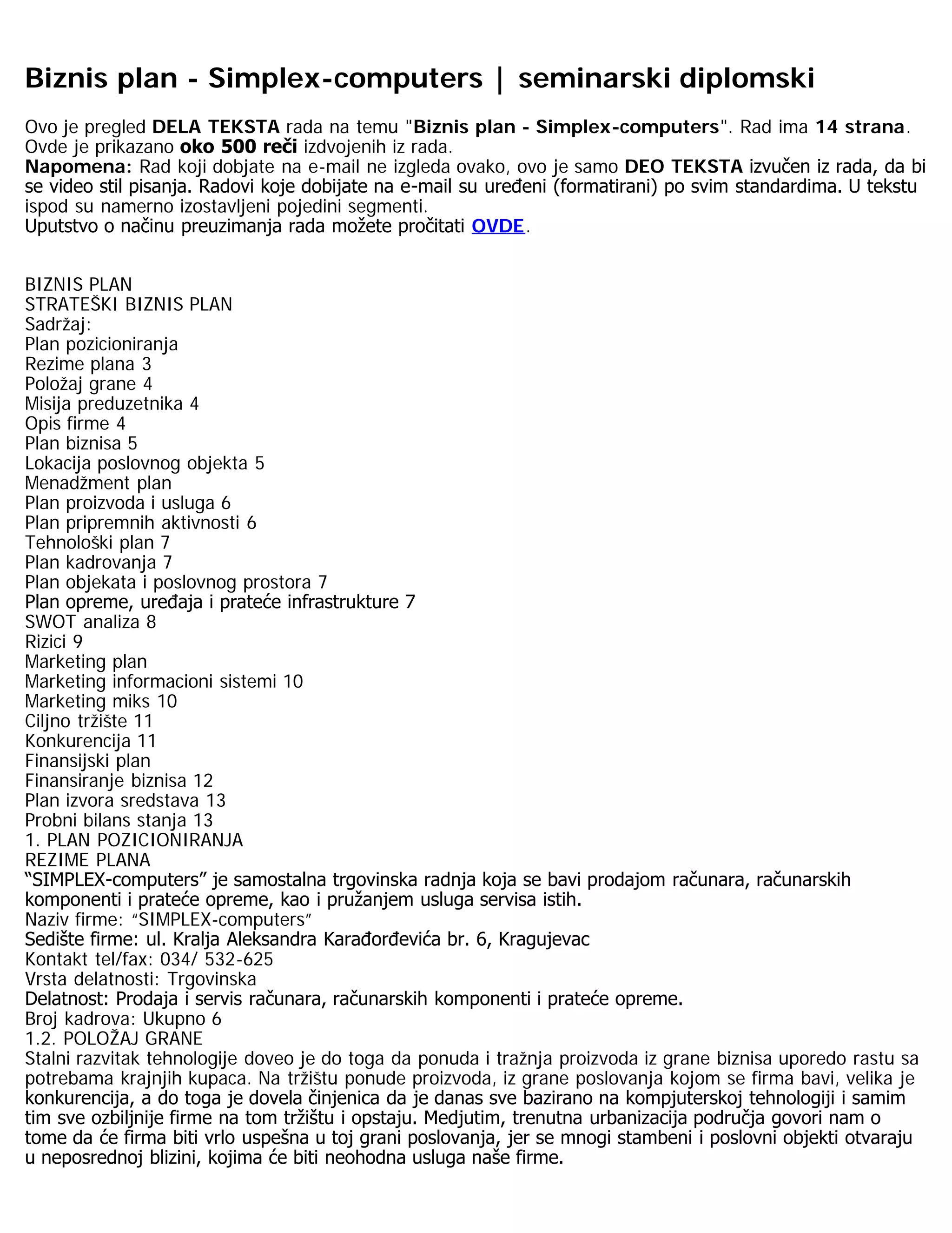 Seminarski diplomski biznis plan-simplex-computers | PDF