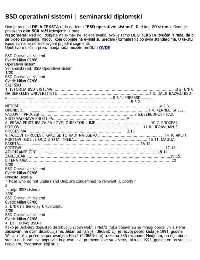 Seminarski diplomski bsd operativni-sistemi | PDF