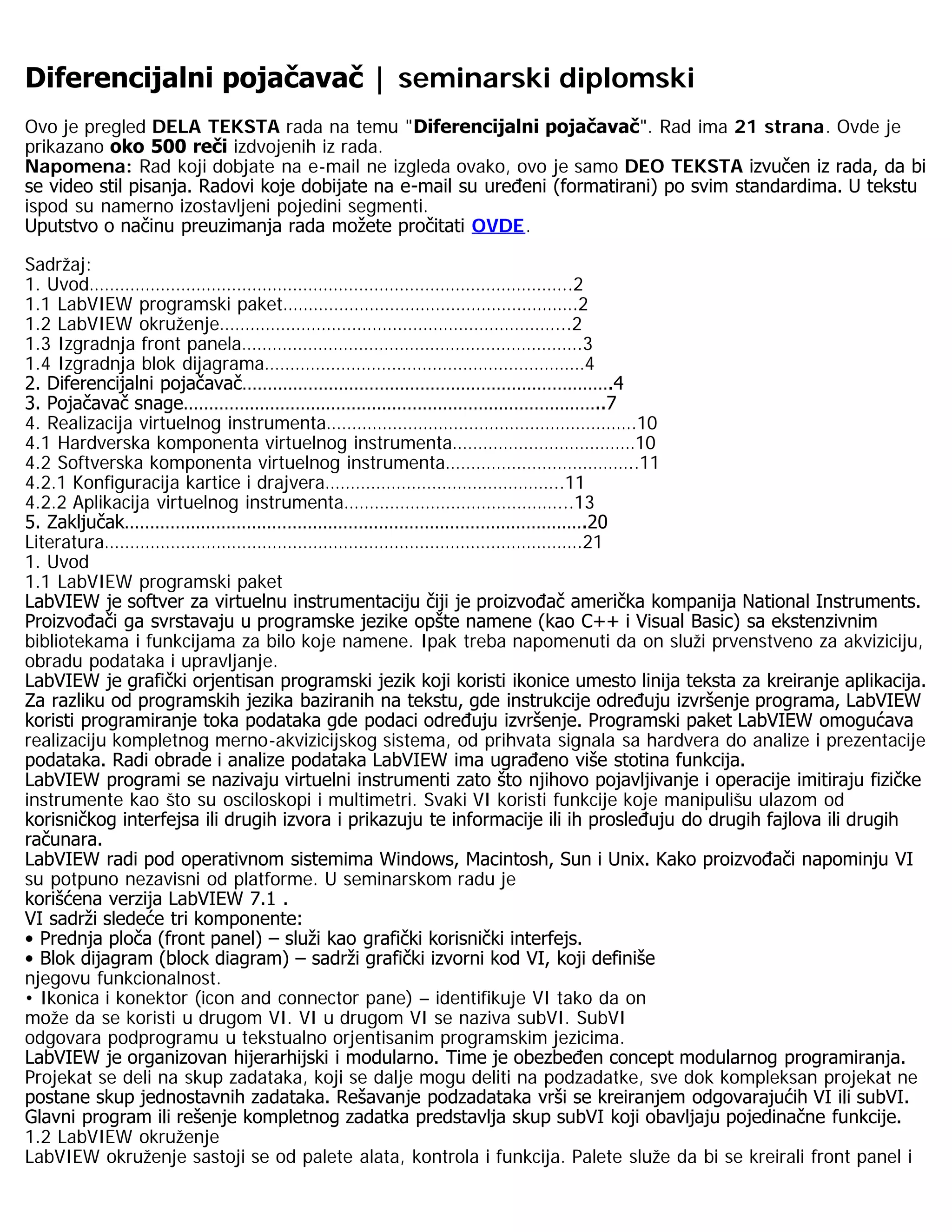 Seminarski diplomski diferencijalni pojacavac | PDF