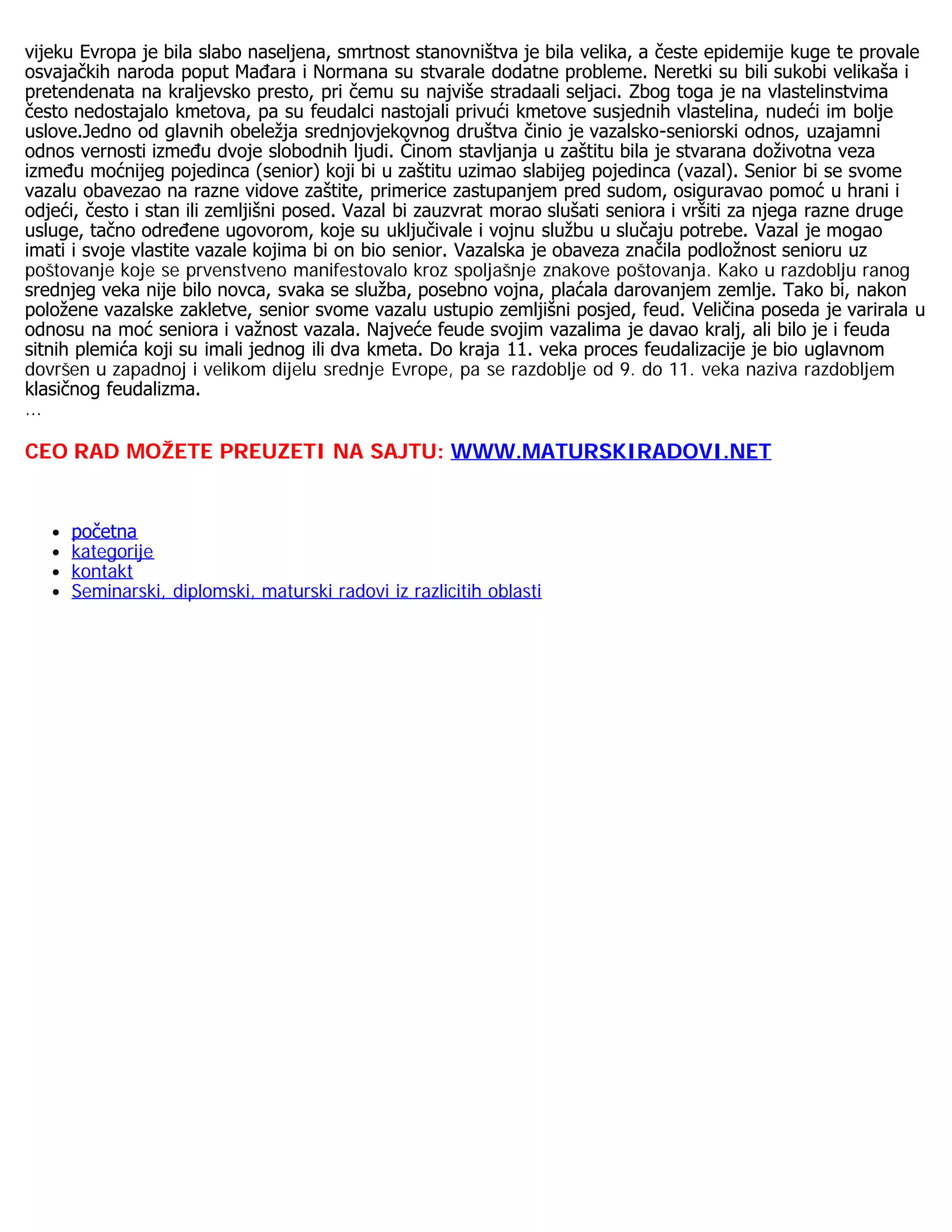 Seminarski diplomski feudalno drustvo | PDF