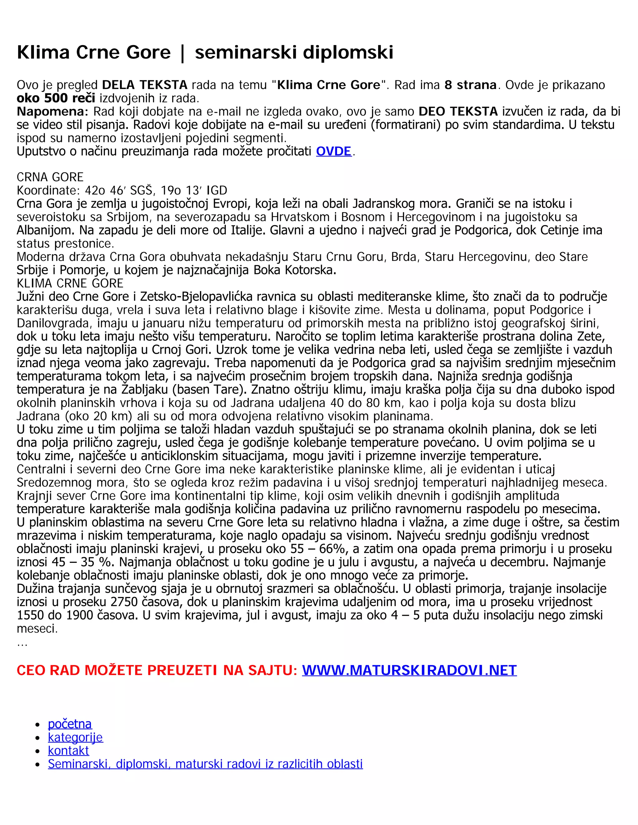 Seminarski diplomski klima crne-gore | PDF