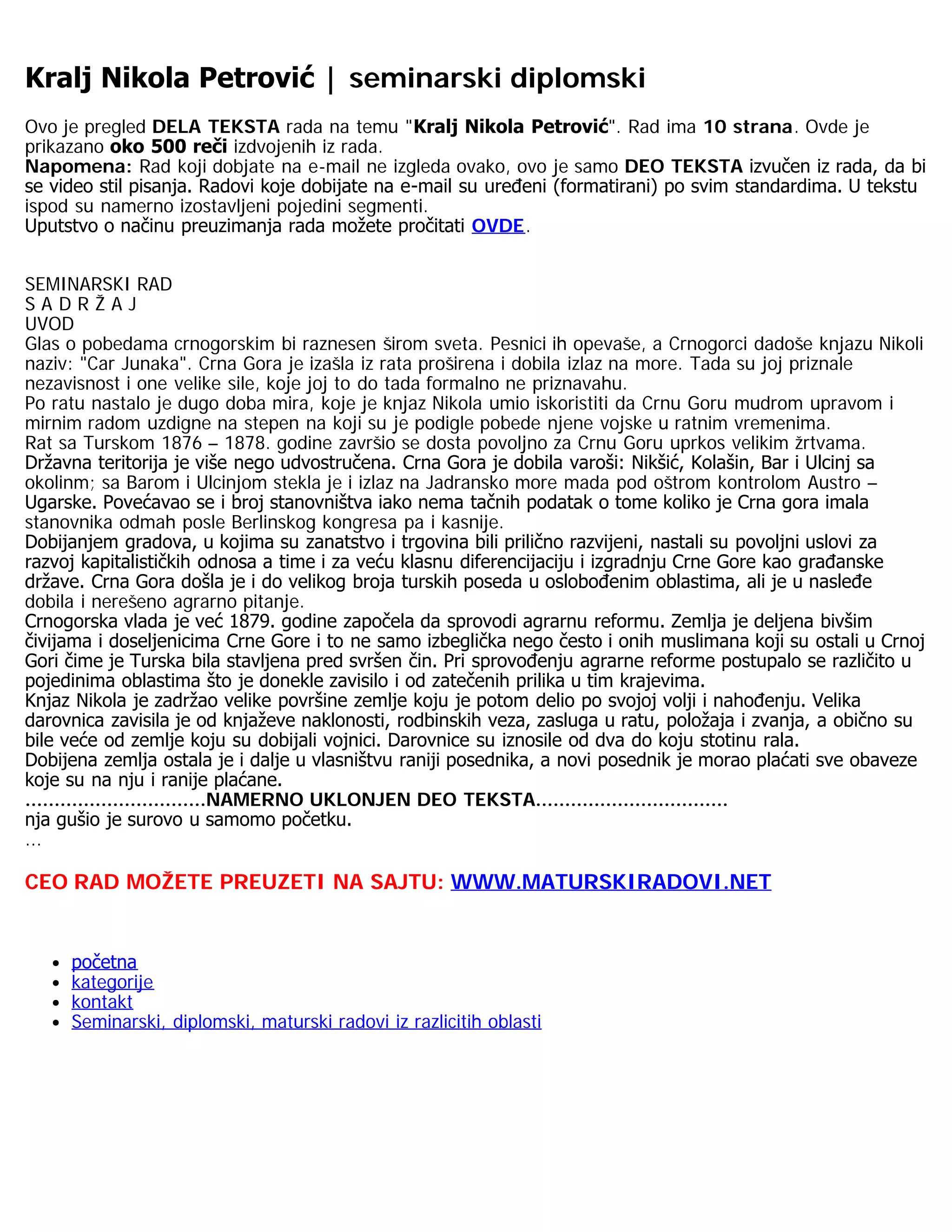 Seminarski diplomski kralj nikola-petrovic | PDF