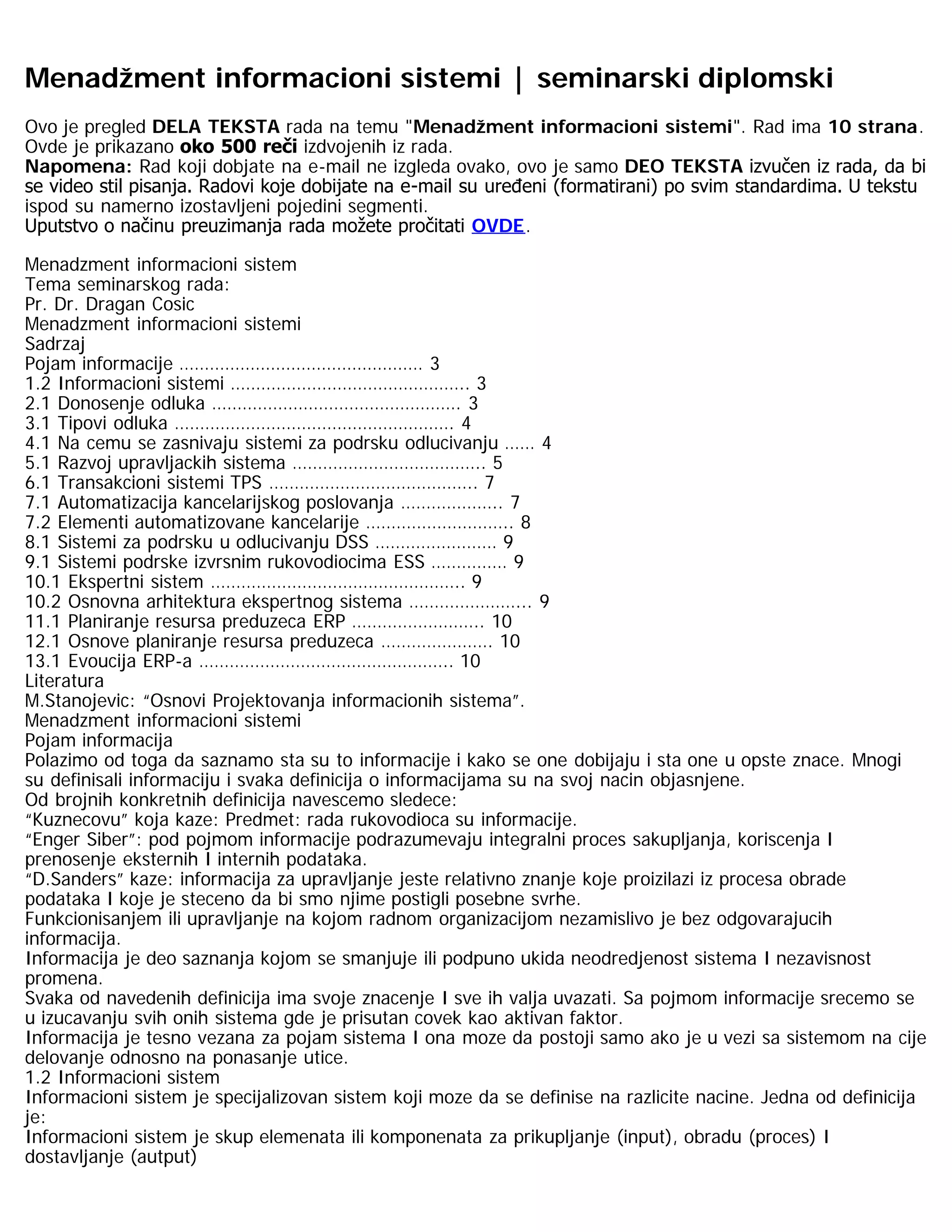 Seminarski diplomskimenadzment informacioni-sistemi | PDF