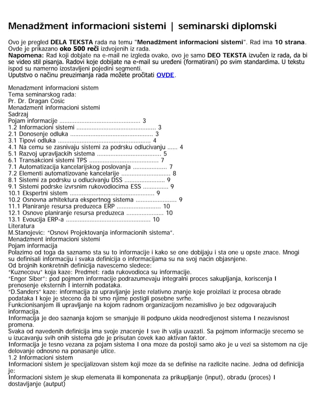 Seminarski diplomskimenadzment informacioni-sistemi | PDF